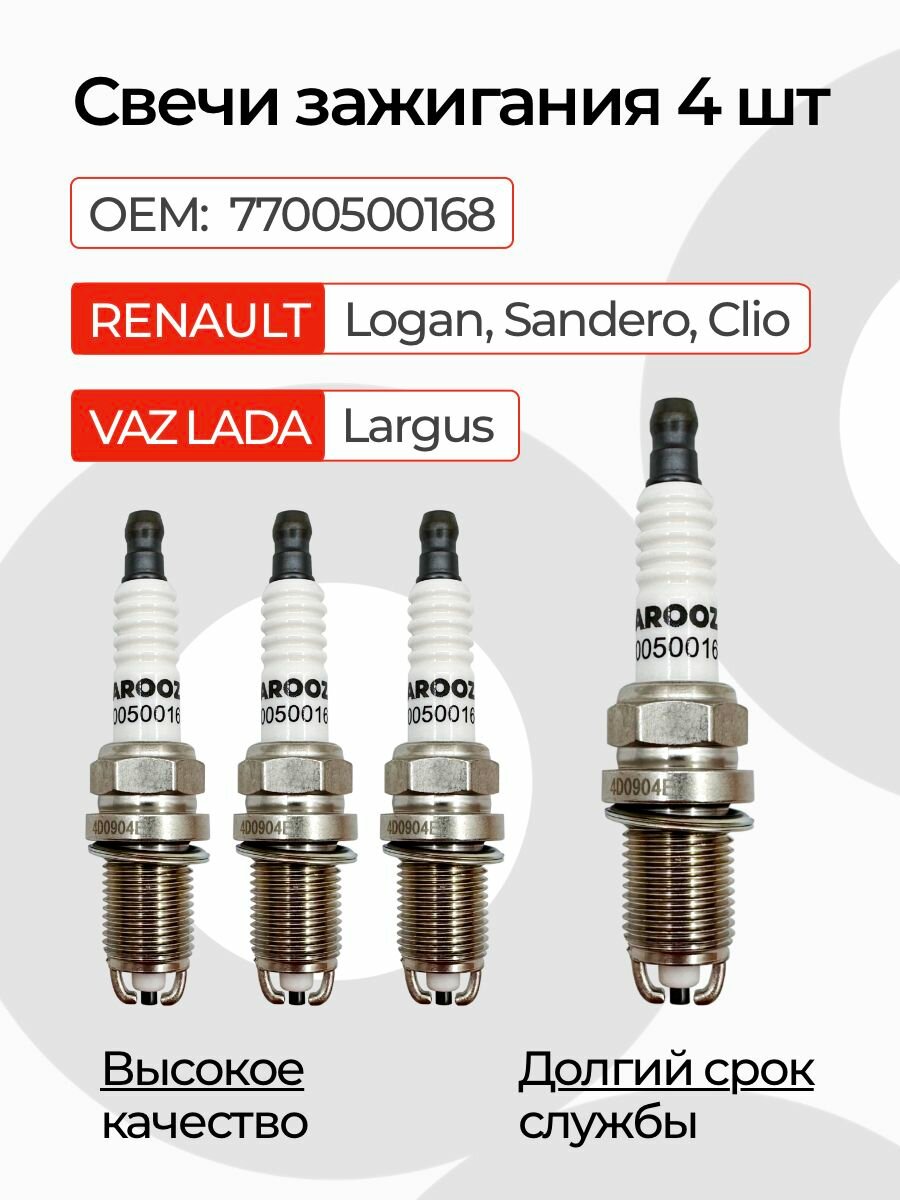 Свечи зажигания 4 шт. двигатель 1.4 K7J и 1.6 K7M Renault Logan, Sandero, Clio, Lada Largus OEM: 7700500168
