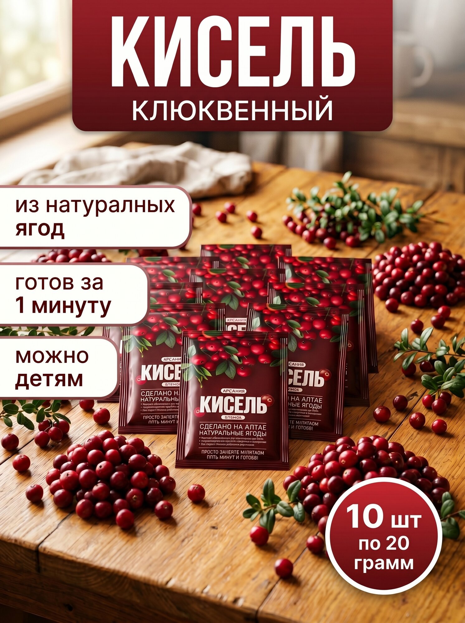 Кисель клюквенный быстрорастворимый в пакетиках без варки сухой с ягодами и витаминами 10 шт по 20 гр