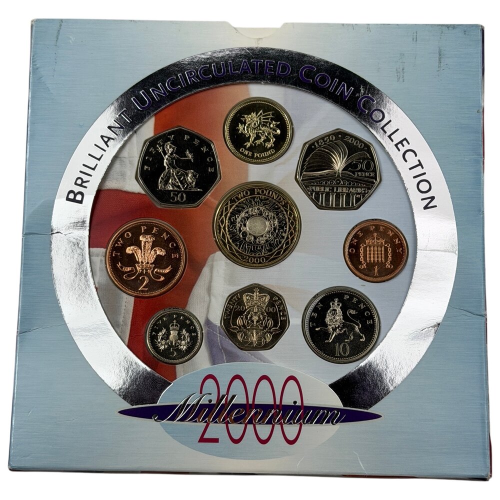 Великобритания, набор 1, 2, 5, 10, 20, 50 пенсов, 1, 2 фунта "BU coin collection" 2000 г.