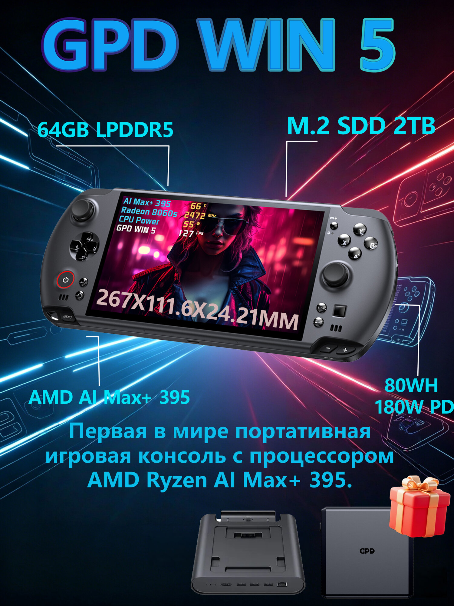 Игровой ноутбук GPD Gamepad WIN 5, AMD Ryzen AI, 64ГБ RAM, SSD 2ТБ