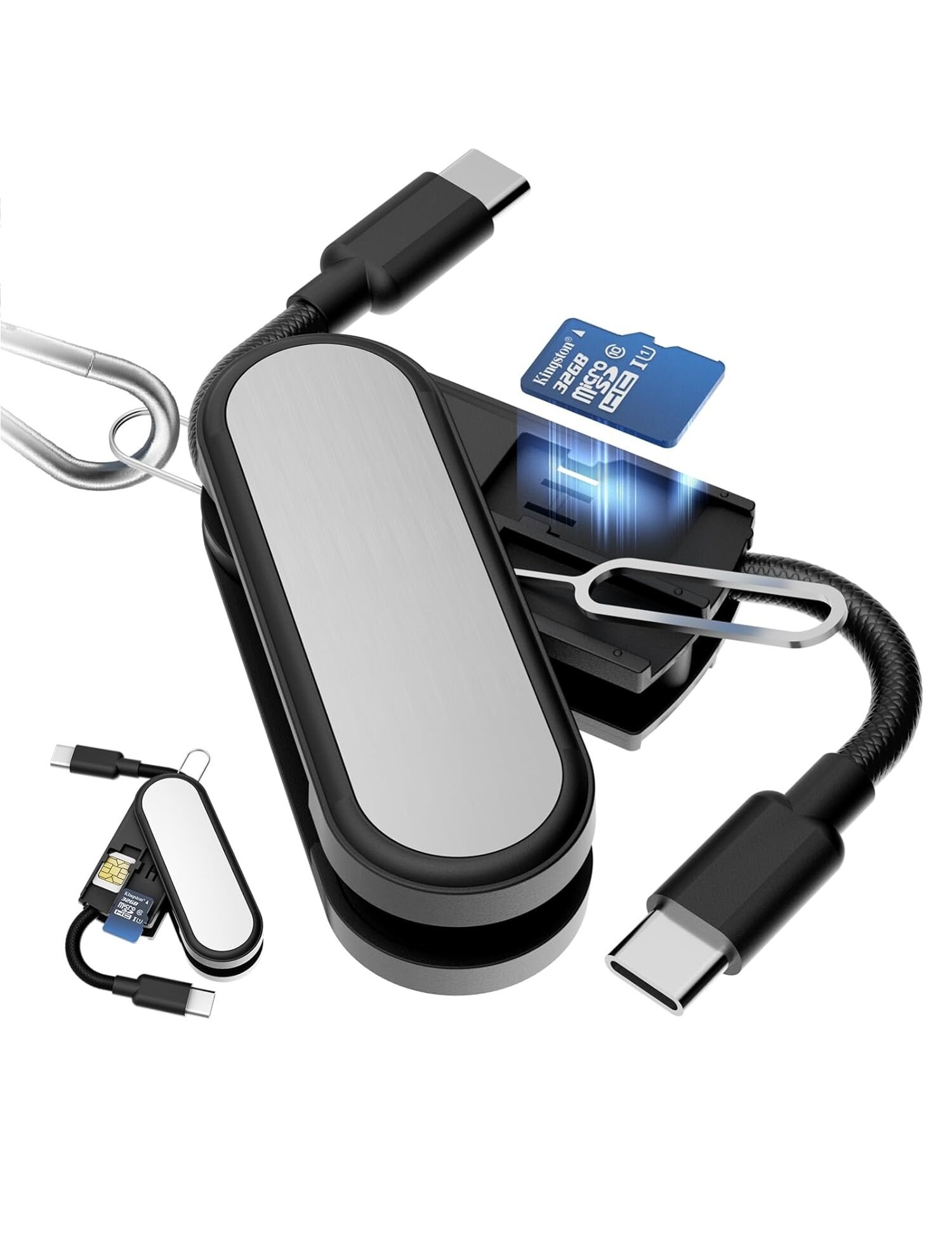 Брелок органайзер для MicroSD (TF), SIM карт и кабель USB-C 65 W + скрепка SIM