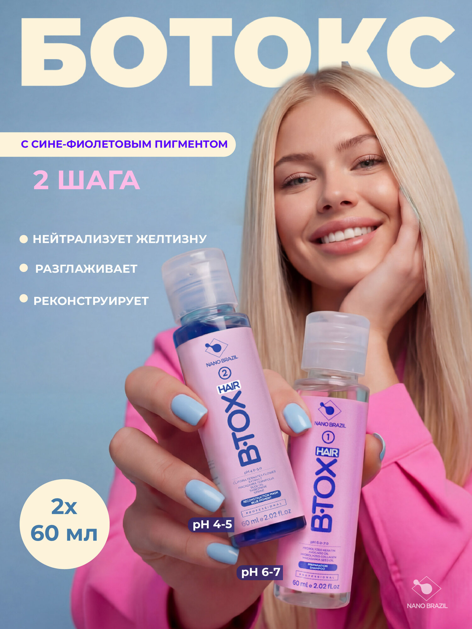 NANO BRAZIL Набор для реконструкции и восстановления волос HAIR B.TOX Blue с сине-фиолетовым пигментом, 2х60 мл