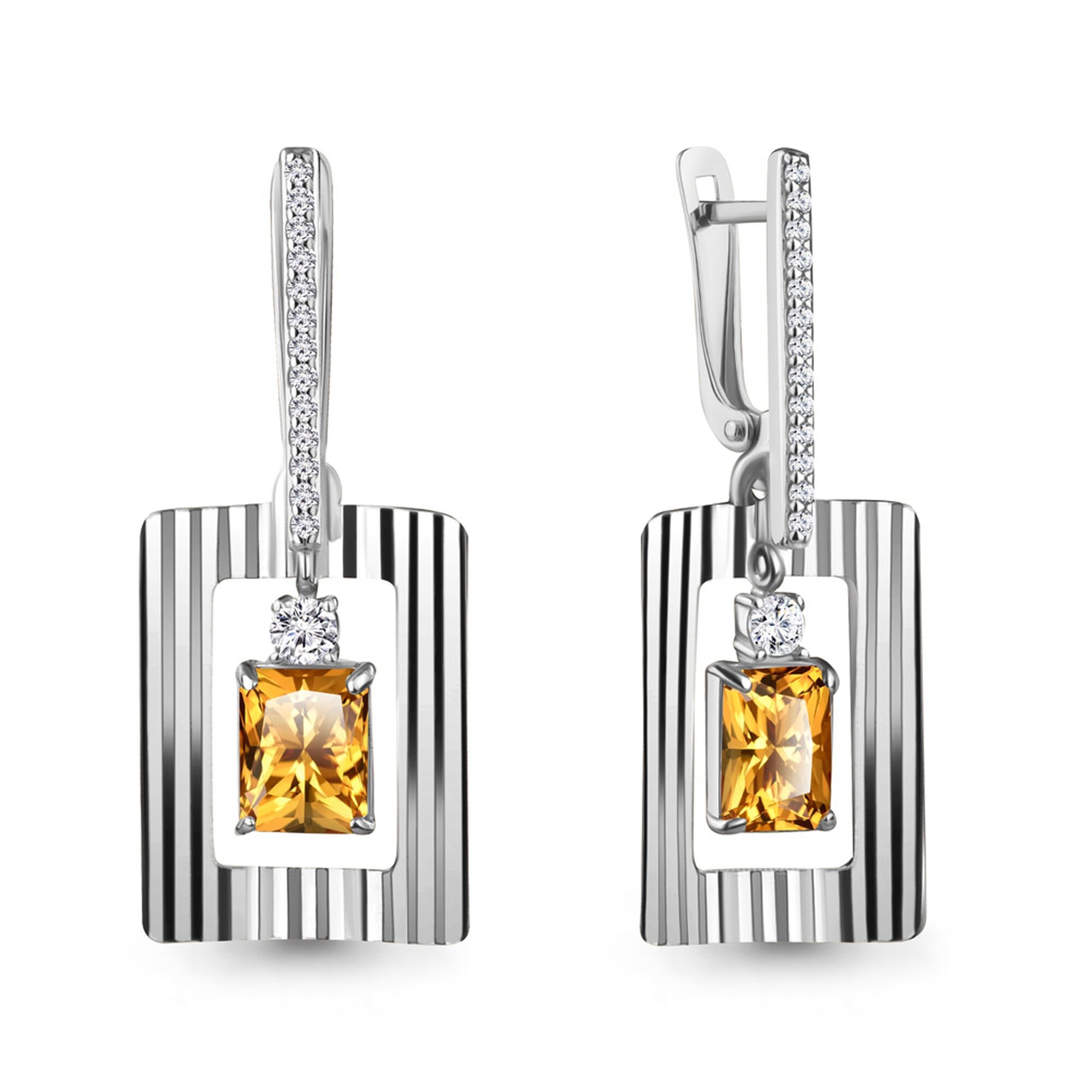 Серьги, серебро, 925 проба, родирование, цитрин, фианит