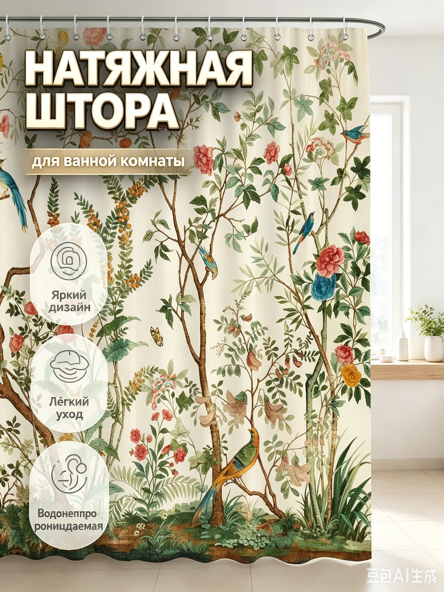 Занавеска для душа, водонепроницаемая, размер w210xh180 см, бирюзовый узор в виде птиц и цветов
