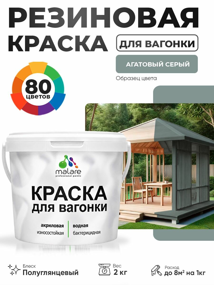 Резиновая краска для вагонки Malare для дерева, для фасадов и интерьера с антисептическим эффектом, быстросохнущая, без запаха, полуглянцевая, агатовый серый, 2 кг