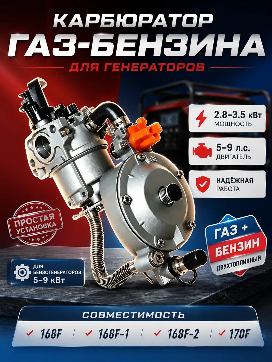 Универсальный двухтопливный карбюратор газ-бензин для любого бензогенератора, запчасть портативной электростанции