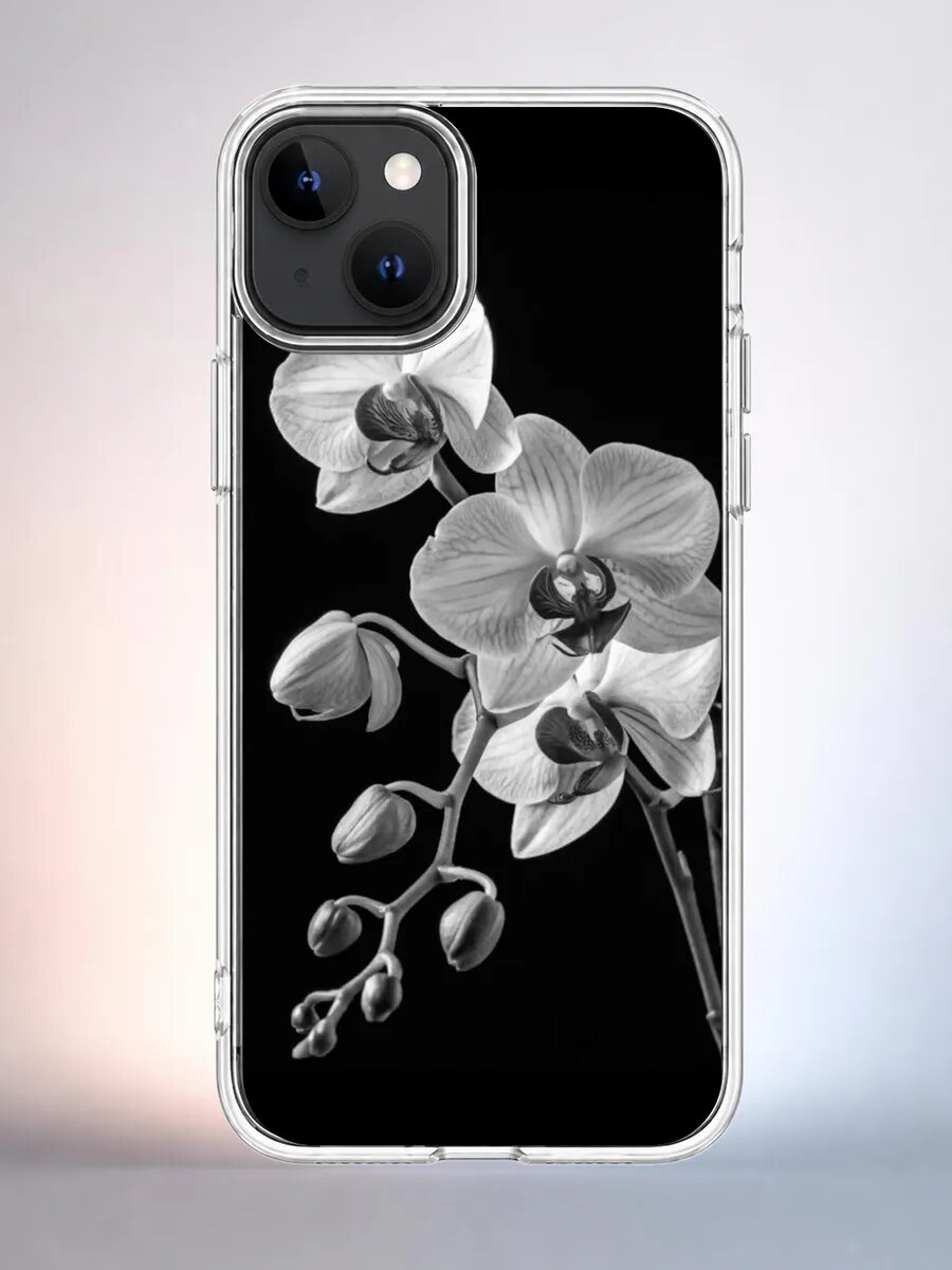Чехол iPhone 14 орхидеи чб силиконовый прозрачный