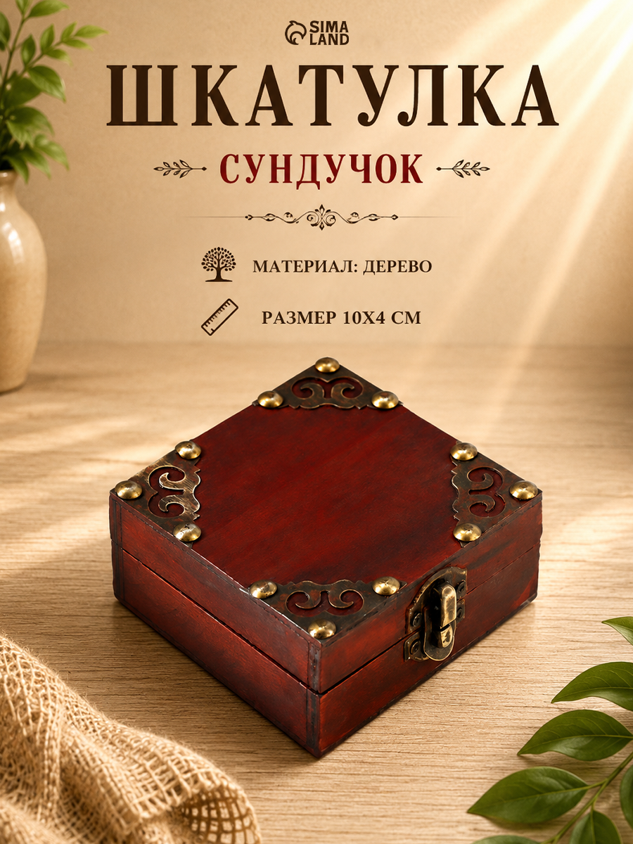 Шкатулка Сима-ленд «Сундук Абеле», для украшений, дерево, квадратная, 10 см