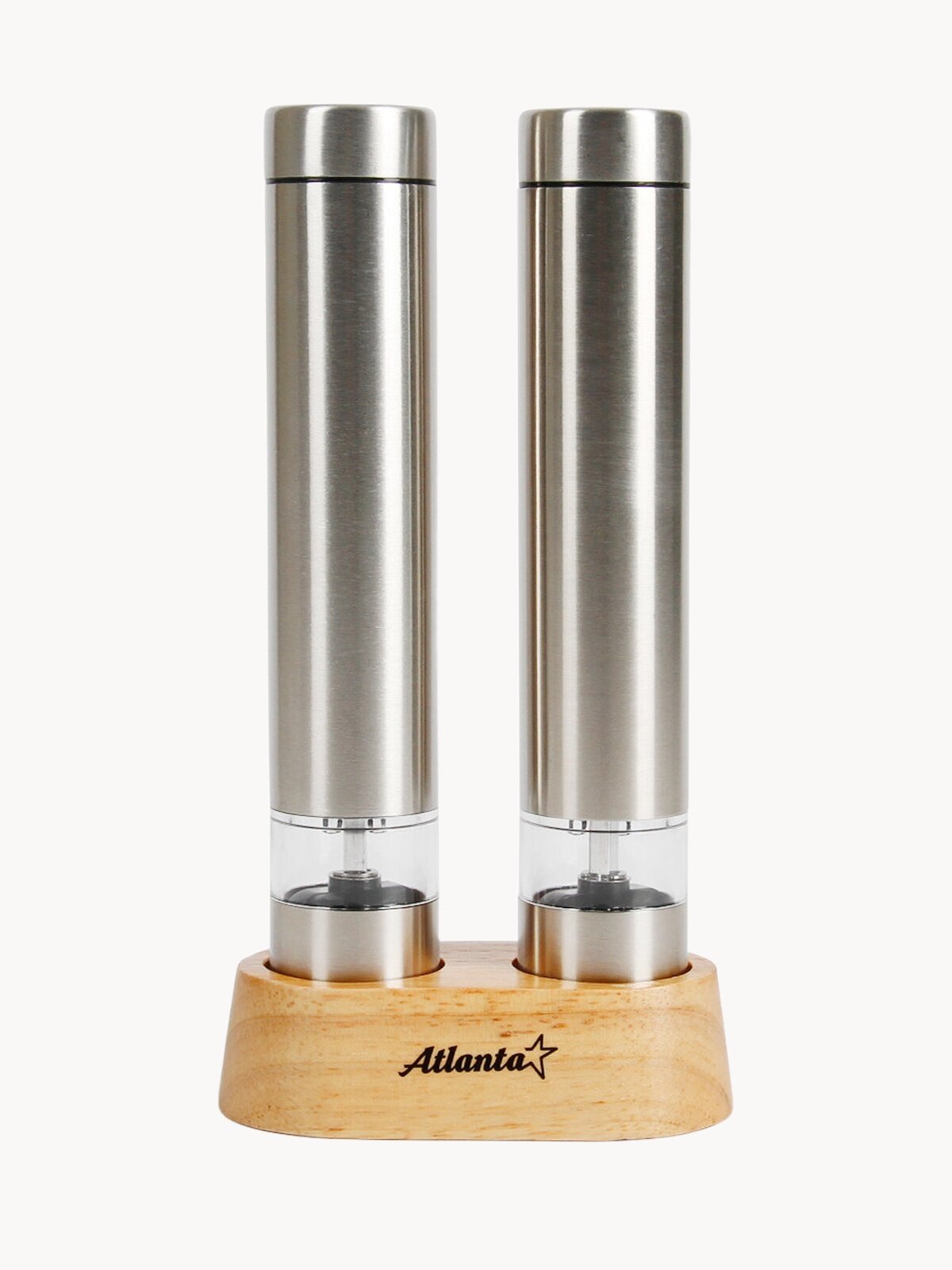 Набор из двух электрических мельниц для специй Atlanta ATH-4628 (silver), на деревянной подставке