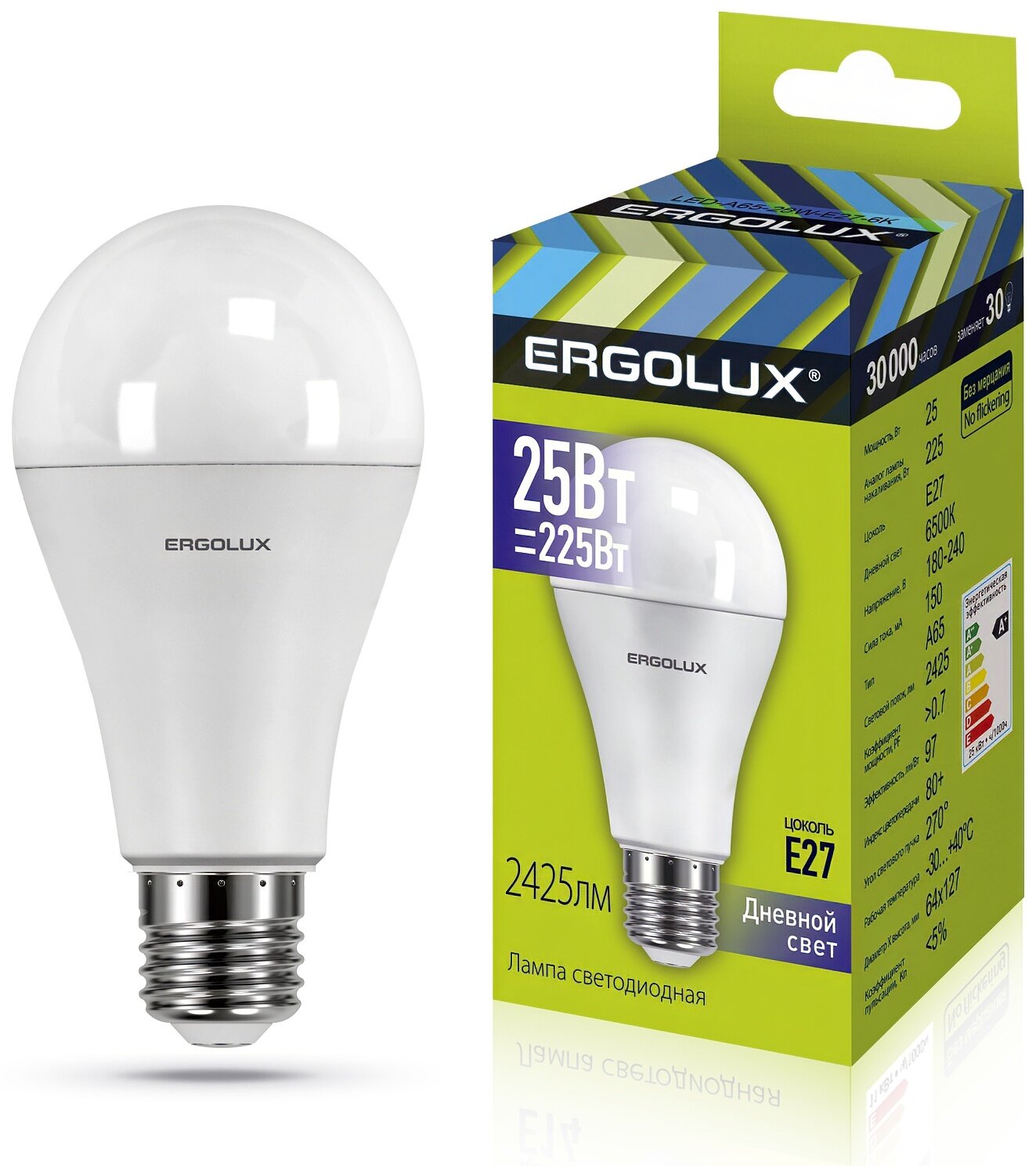 Светодиодная лампа Ergolux LED-A65-25W-E27-6K ЛОН, 25Вт, E27, 6500K, 180-240В 14228
