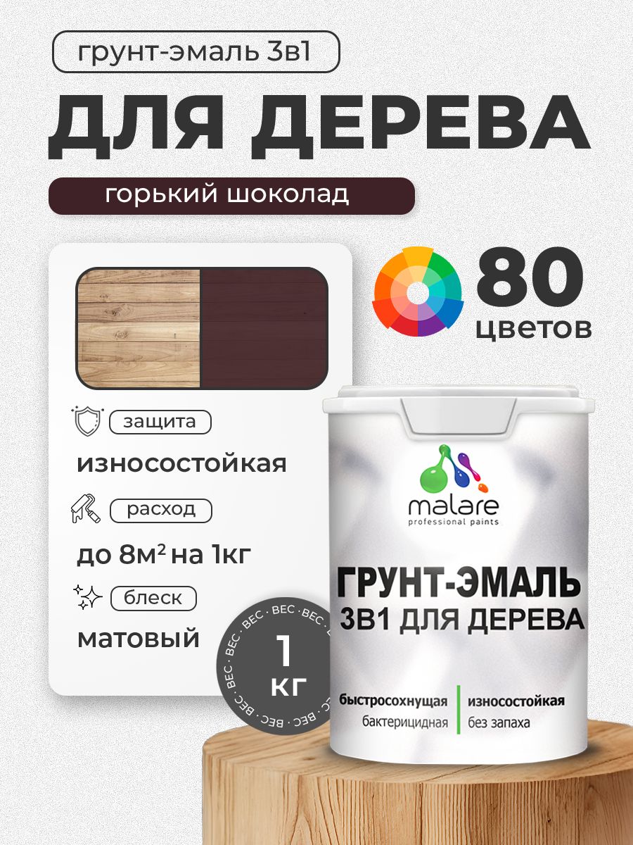 Акриловая Грунт-Эмаль 3 в 1 Malare для деревянных поверхностей/ краска по дереву с антисептическим эффектом/ быстросохнущая моющаяся без запаха матовая, горький шоколад, 1 кг