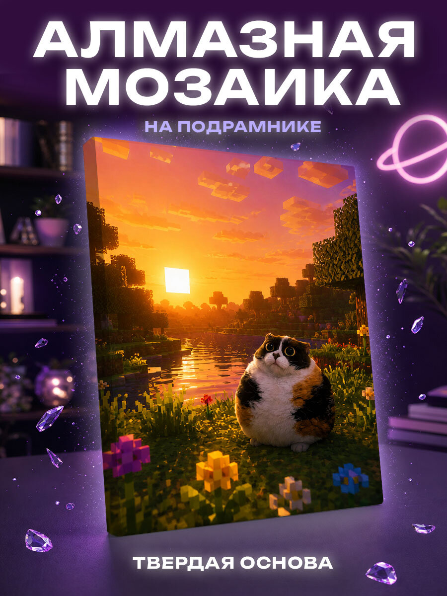 Алмазная мозаика Котость на закате у пиксельной реки