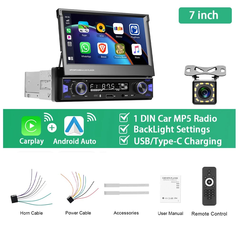 Podofo 1Din 7-дюймовый автомобильный MP5-плеер с сенсорным экраном, мультимедийный плеер, Bluetooth Carplay, Android Auto FM/AM/RDS, USB/Type-C EQ, автомобильная стереосистема MP5 Player CAM