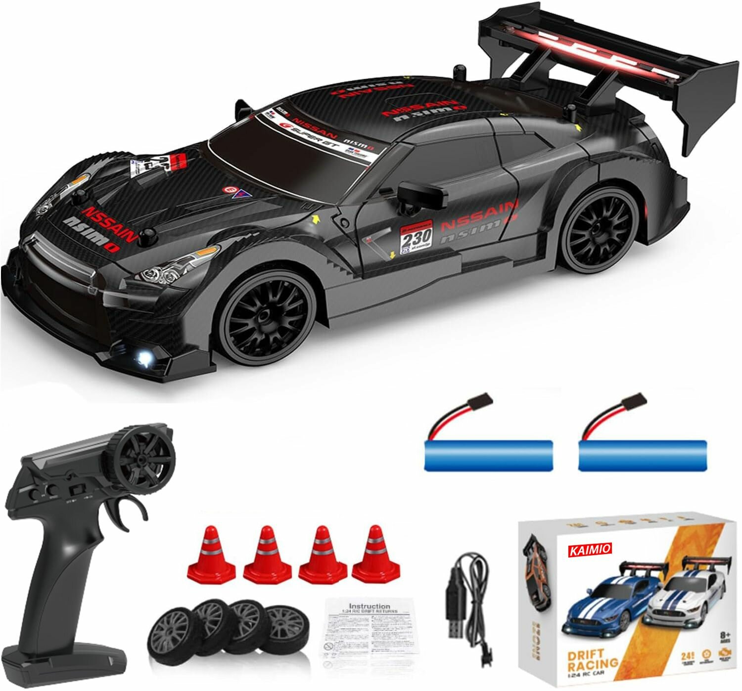 KAIMIO 1:24 Высокоскоростной автомобиль на дистанционном управлении. RC дрифт машина, беспроводное управление 2.4G, два комплекта шин, мини баррикадное ограждение(8601-черный)