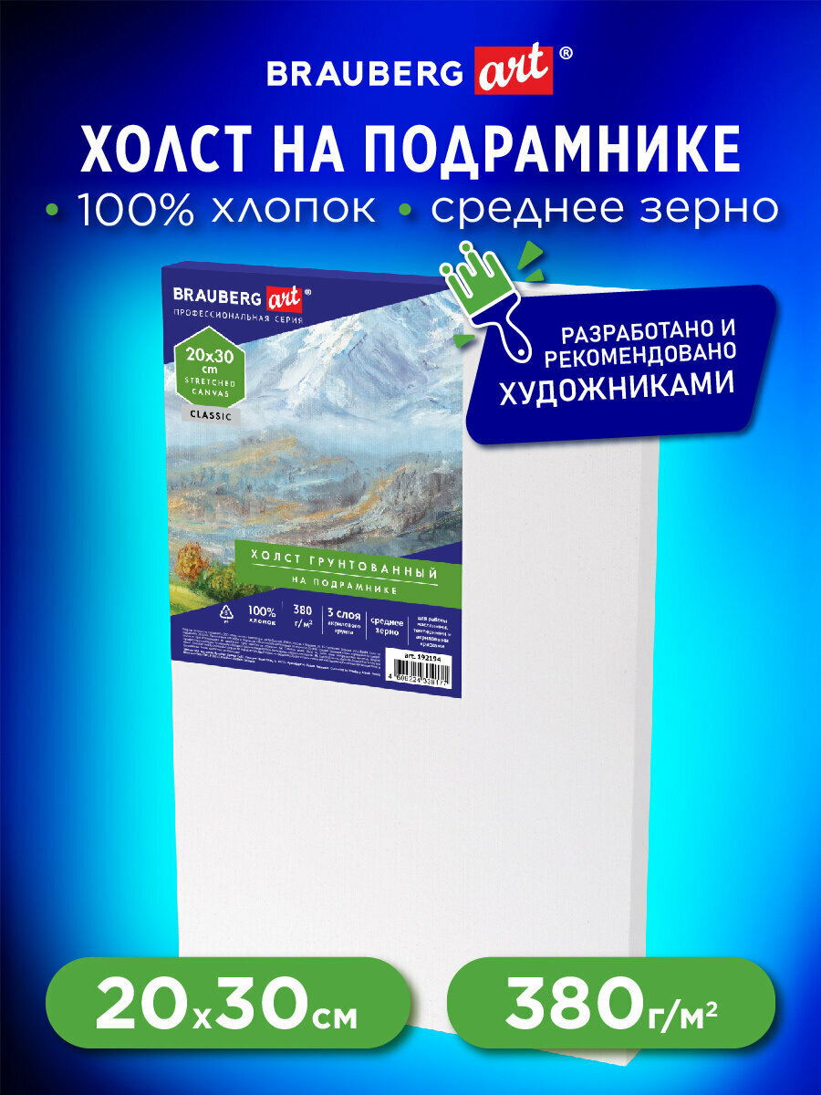Холст / на подрамнике для рисования 20х30 см, 380 г/м2, грунтованный, 100% хлопок, Brauberg Art Classic, 192194