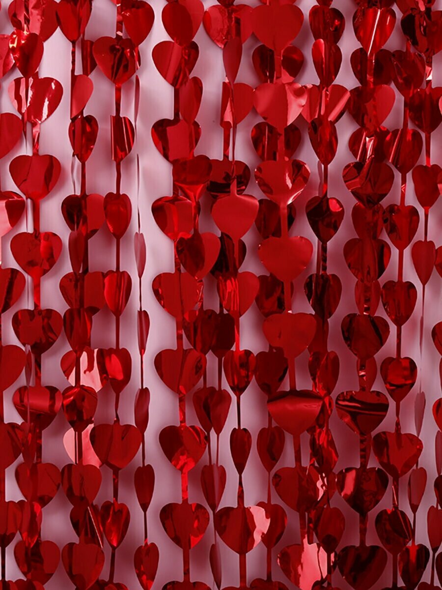 Гирлянда занавес фольгированная блестящая для праздника Riota Сердца, красный, 100х200 см