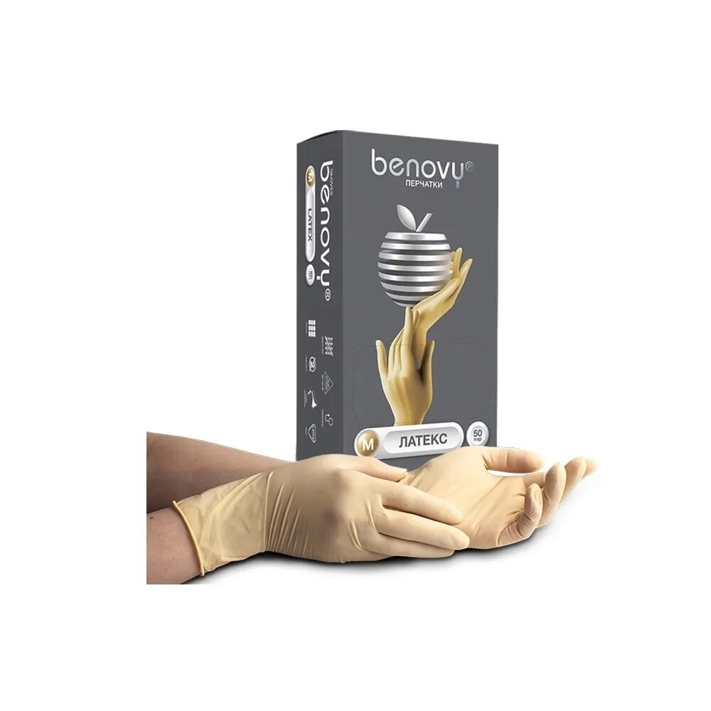 Benovy Latex Powdered Бинови Перчатки латексные опудренные цвет натуральный L 50 пар в уп -