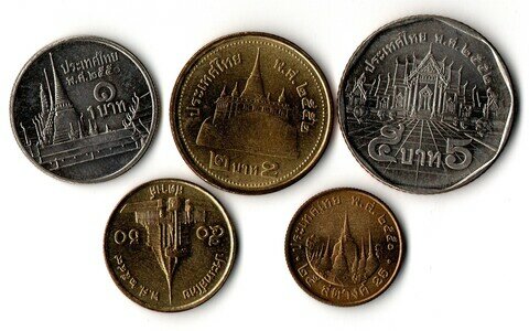 Набор монет Таиланд 5 шт. Король Рама-IX. 5, 2, 1, 50, бат сатангов 1987-2002 гг UNC