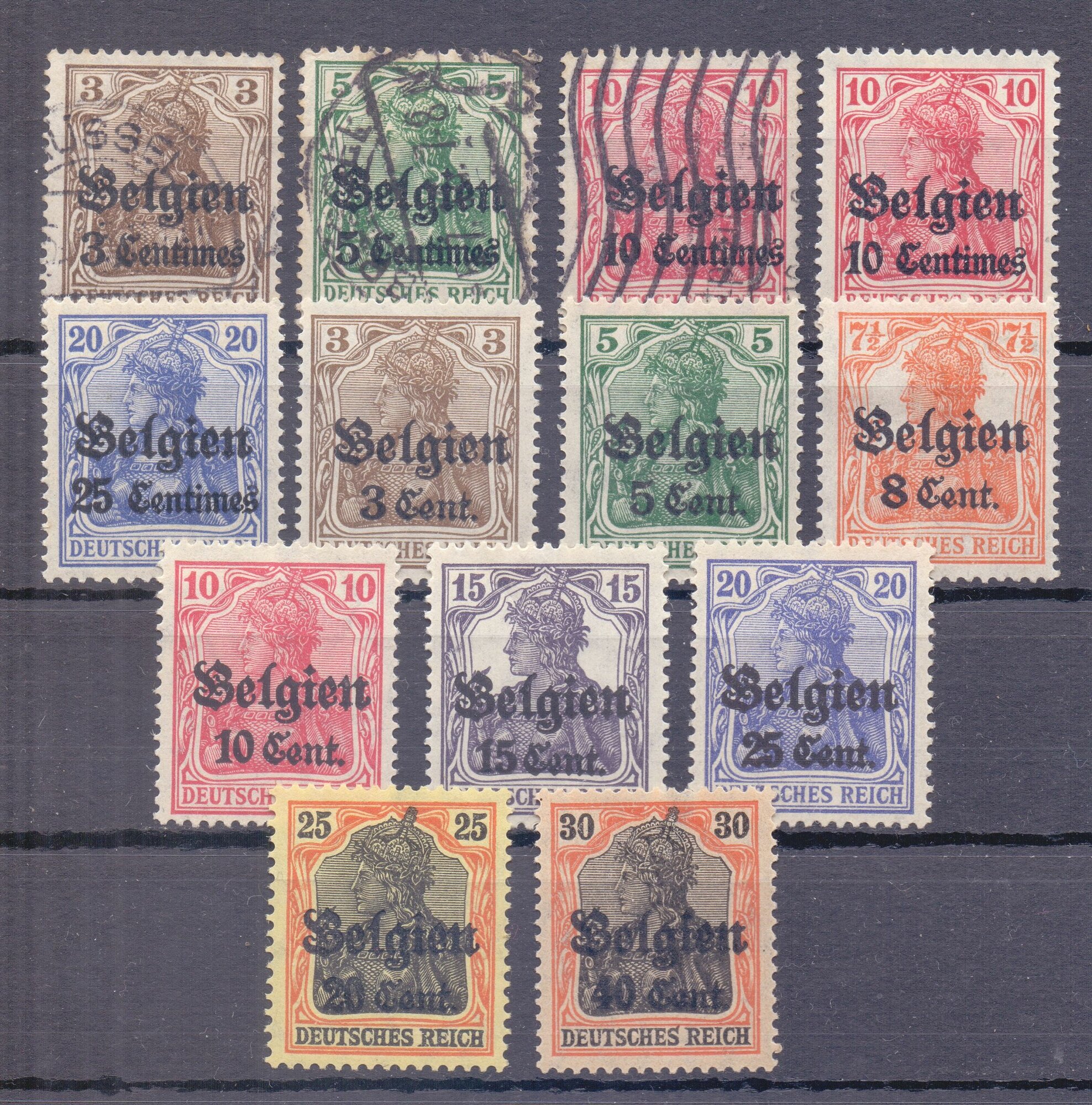 Марки почтовая Германия - Оккупация Бельгии 1-й мировой войны, Стандарты, редкие, в коллекцию. Набор 13 марок.