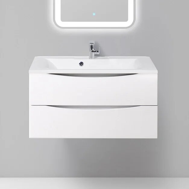 Тумба с раковиной BelBagno Marino 90 подвесная, 90 см, белая, глянцевая, из МДФ, с ящиками, раковина для ванной из камня, прямоугольная