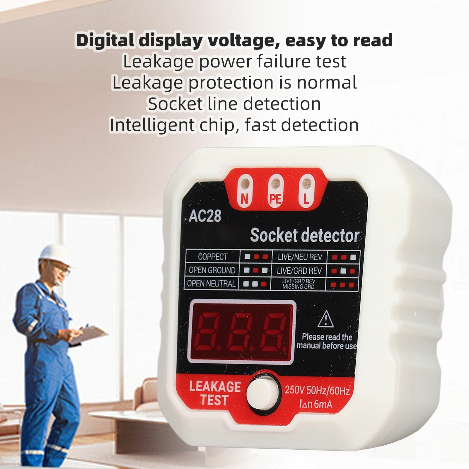 Тестер розеток с ЖК-дисплеем и цифровым дисплеем, детектор фаз, заземляющий провод, полярность, тестер утечки на розетке, вилка европейского стандарта, 220 В