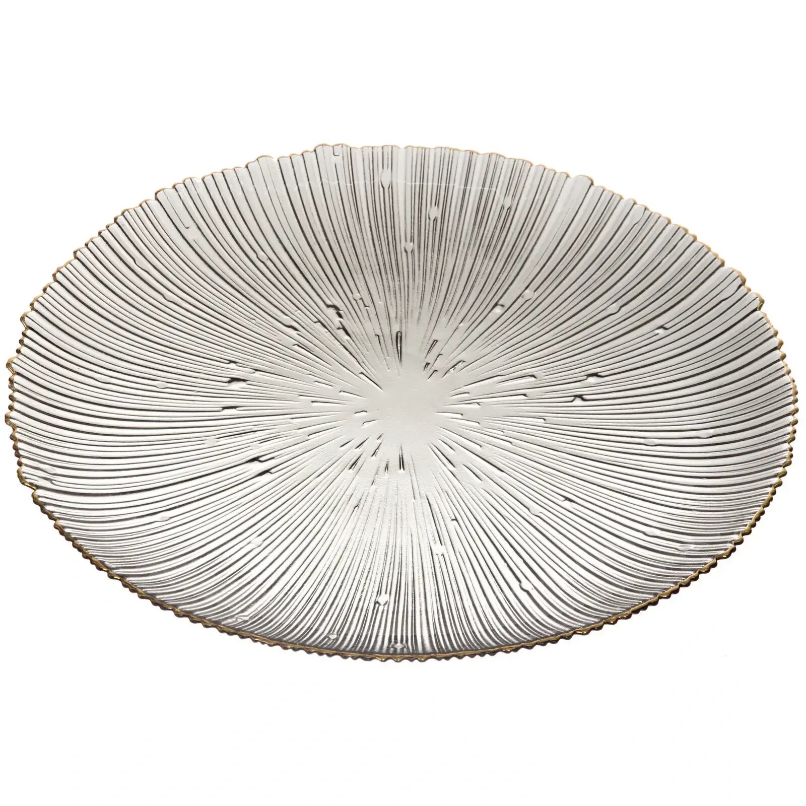 Тарелка стеклянная 32см «Флоренция», рифлёная, белая с золотистой окантовкой