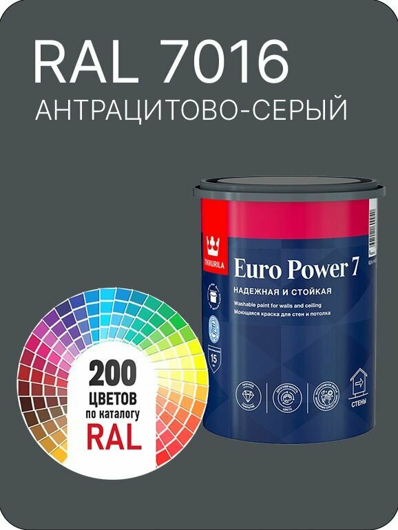 Краска для стен и потолка Tikkurila Euro Power 7 антрацитово серый Ral 7016 0.9 л.