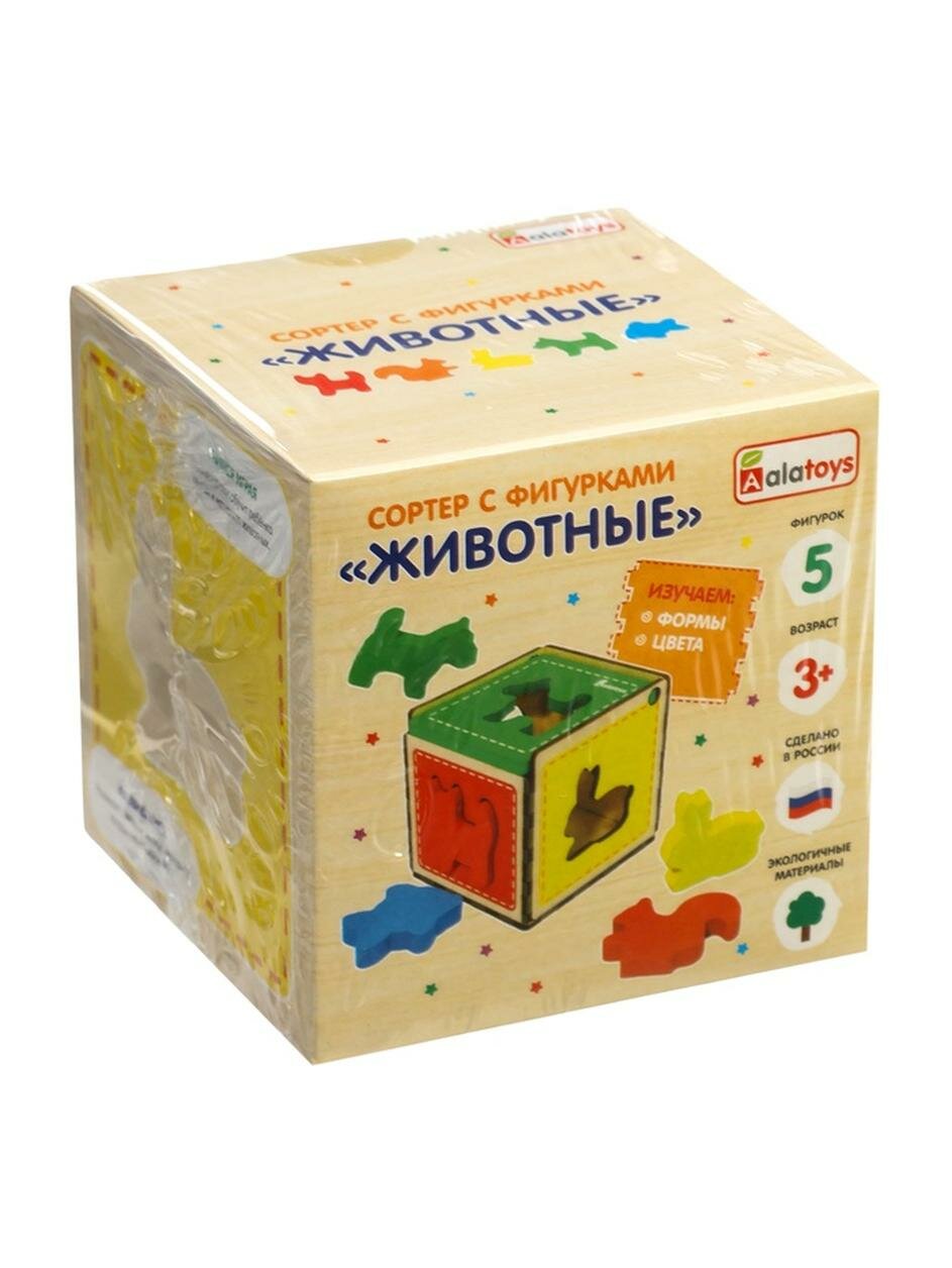 Сортер Alatoys "Куб. Животные", дерево, 1 основа, 5 фигур, от 3 лет
