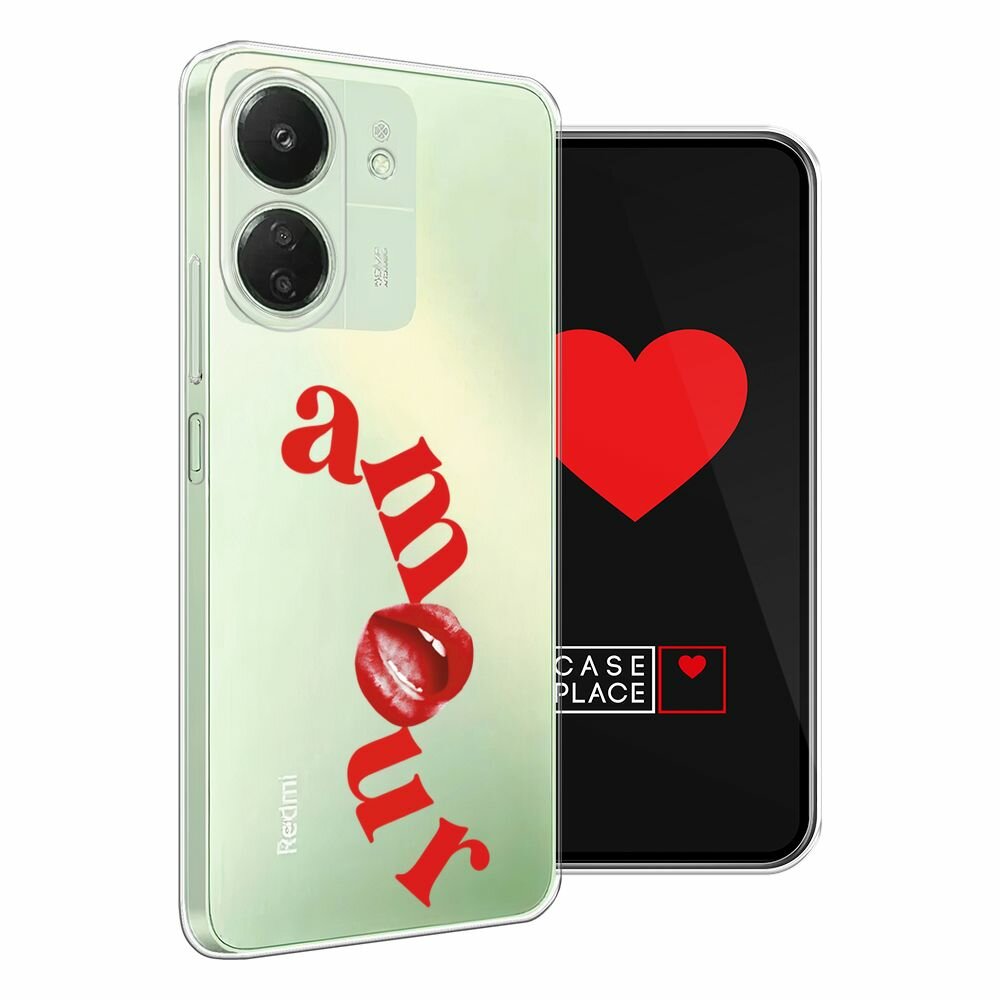 Чехол на Xiaomi Redmi 13C/Poco C65 / Сяоми Редми 13C/Поко С65 с принтом "Amour lips - 14 февраля", прозрачный — фото 1