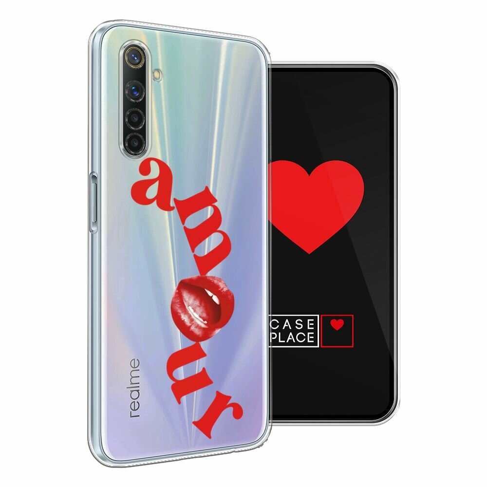Чехол на Realme 6 / Реалми 6 с принтом "Amour lips - 14 февраля", прозрачный — фото 1