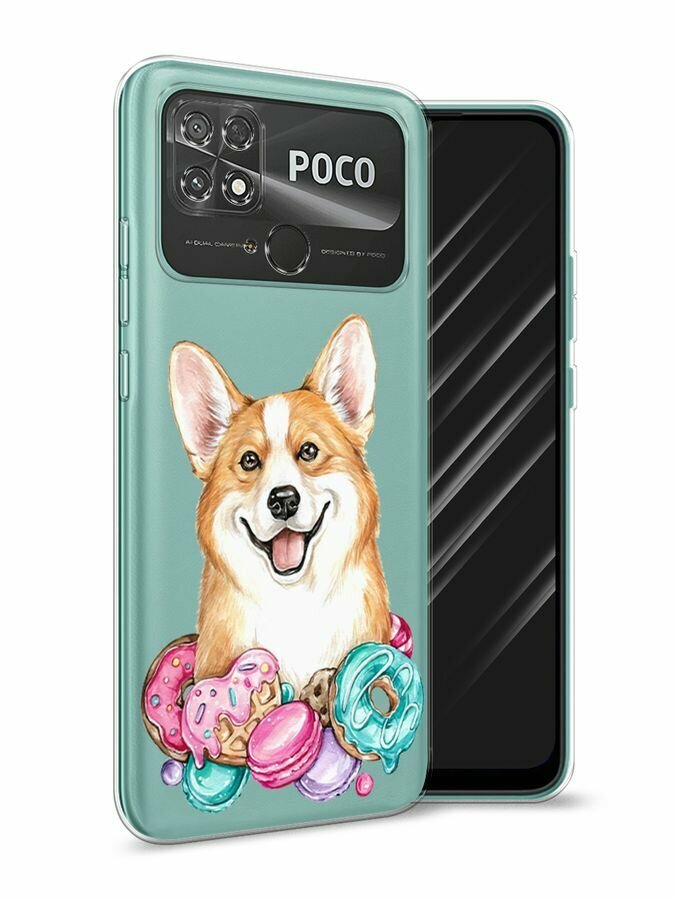 Чехол на Xiaomi Poco C40 / Сяоми Поко C40 с принтом "Корги и сладости", прозрачный