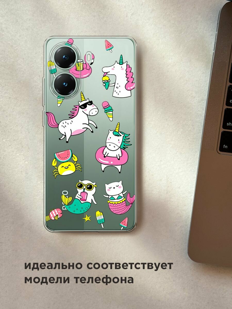 Чехол на Poco X7 Pro / Поко X7 Про с принтом "Единороги в отпуске", прозрачный — фото 1