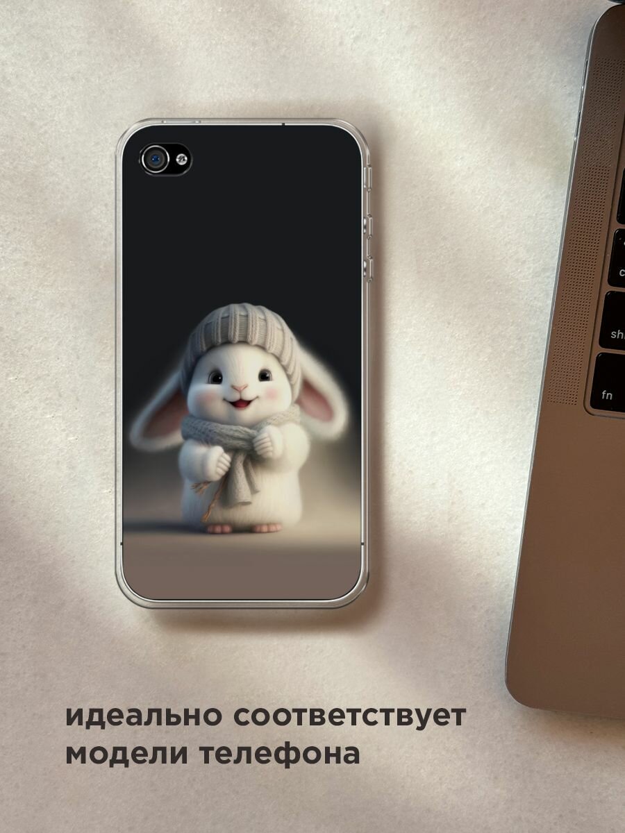 Чехол на Apple iPhone 4/4S / Айфон 4/4S с принтом "Белый крольчонок в шапке" — фото 1