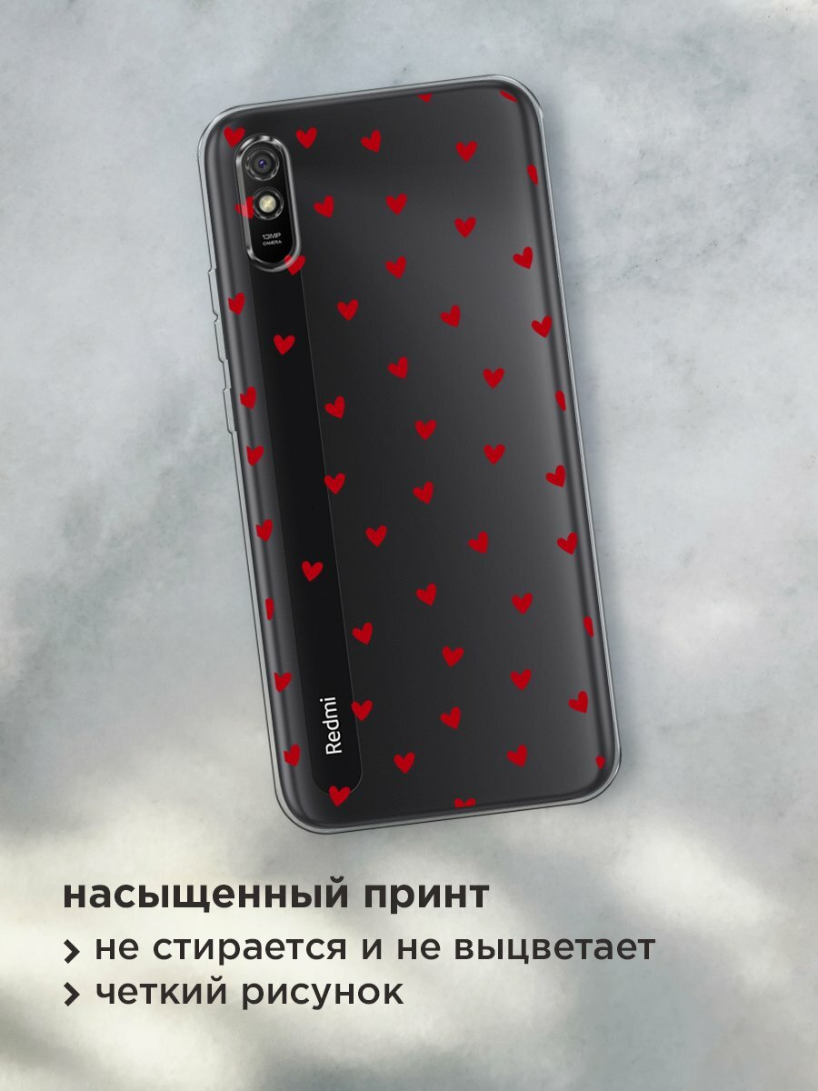 Чехол на Xiaomi Redmi 9A / Сяоми Редми 9А с принтом "Red hearts", прозрачный — фото 1