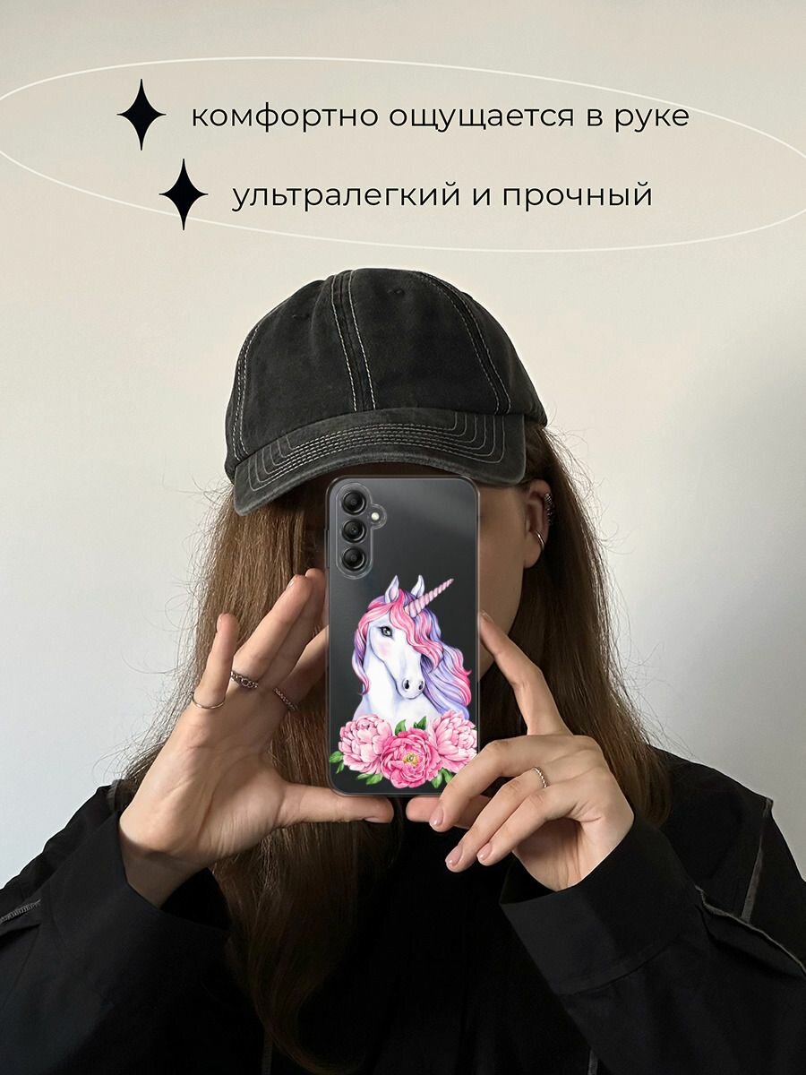 Чехол на Samsung Galaxy A15 / Самсунг А15 с принтом "Единорог с пионами", прозрачный — фото 1