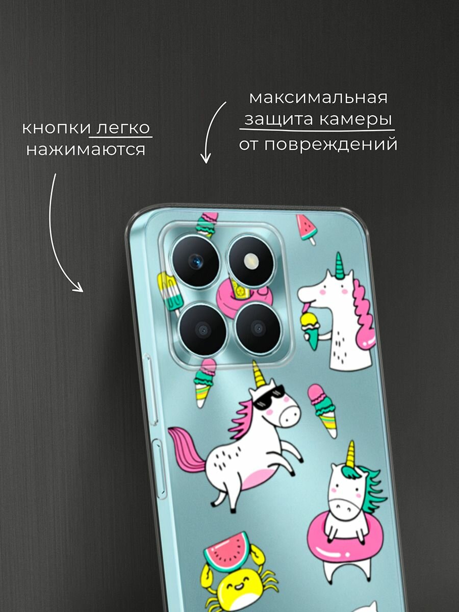 Чехол на Honor X6A / Хонор X6A с принтом "Единороги в отпуске", прозрачный — фото 1