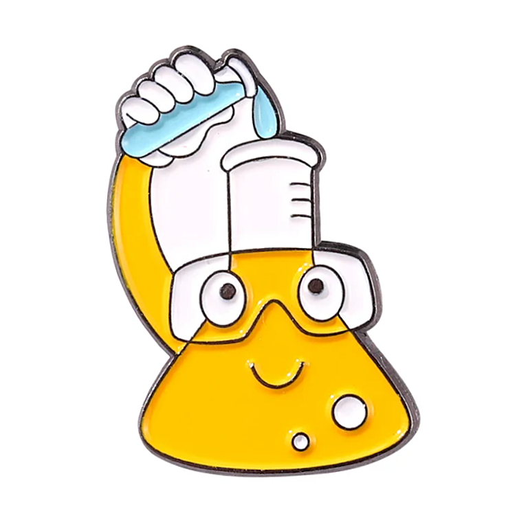 Значок химика для одежды, кепок и рюкзака "Мультяшная пробирка"/ Желтый / 1 шт.