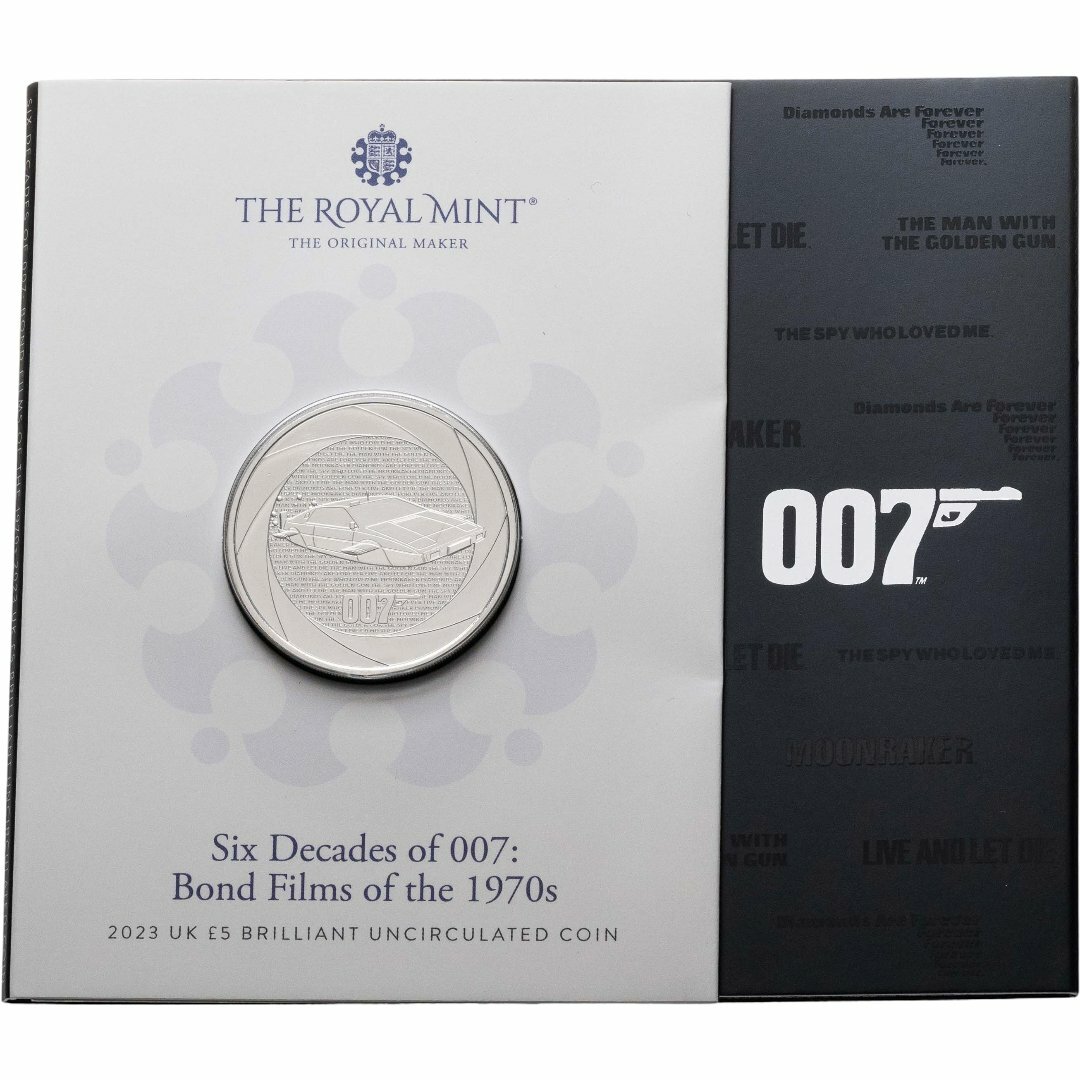 Великобритания 5 фунтов 2024 "Джеймс Бонд 007 / фильмы 1970-х", в буклете, Мельхиор медь-никель, в сохранности BUNC