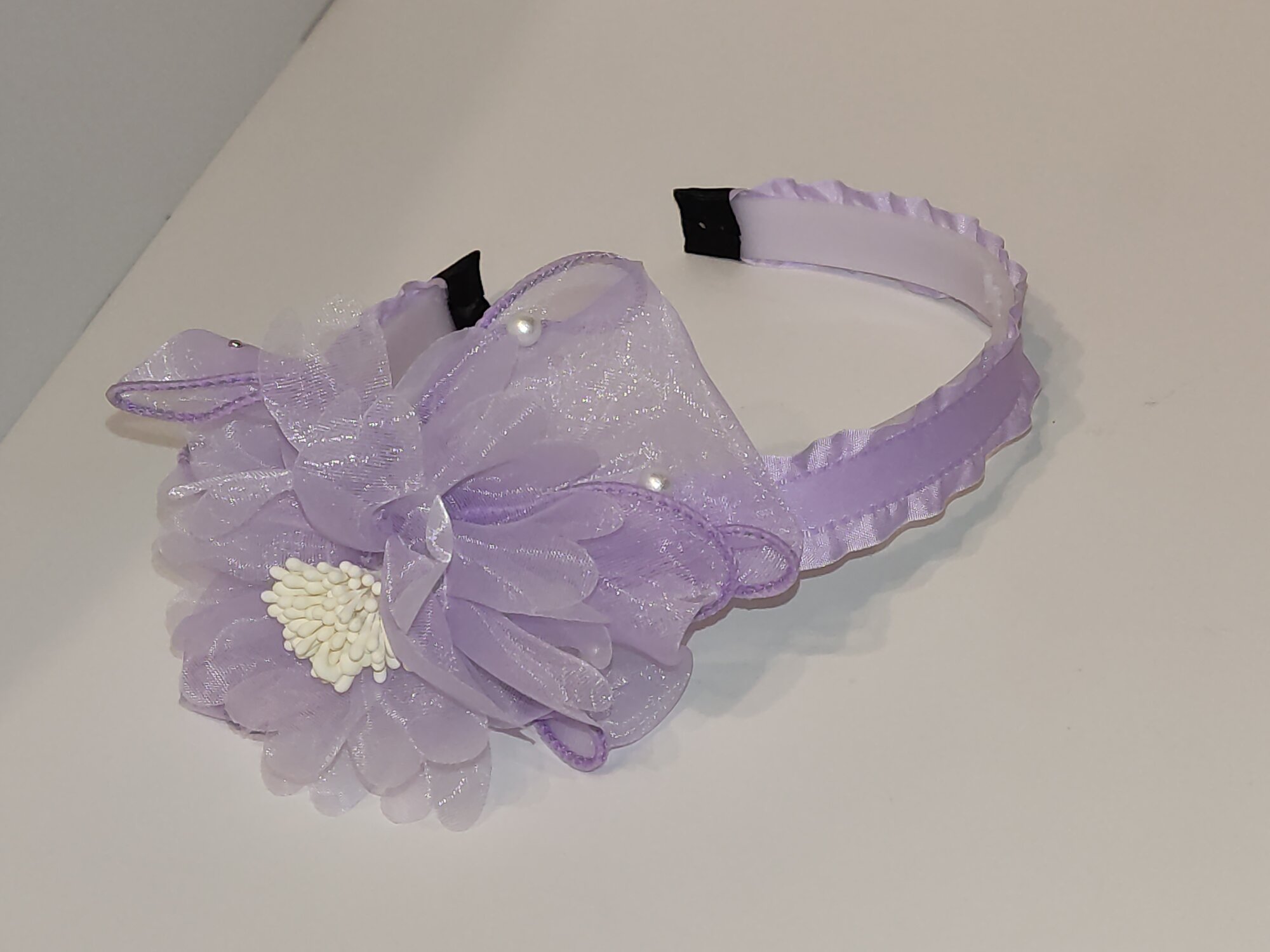 Ободок для волос, ручная работа, пластик, органза, бусины, сиреневый
