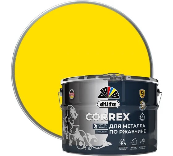 Dufa Грунт-эмаль по ржавчине гладкая Correx 3 в 1 RAL-1021 желтый 10 л