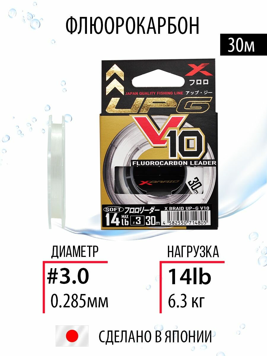 Леска рыболовная флюрокарбон YGK X-Braid UP-G Leader V10 Soft 30m #3.0/14lb прозрачная летняя