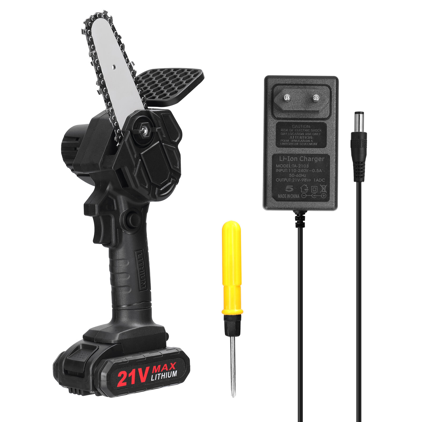 Электрические обрезные пилы 21V 500W 4 дюйма с аккумулятором литиевым, портативные маленькие цепные пилы для раскола древесины с щеточным двигателем, одноручные электроинструменты для деревообработки для сада и сада, черный цвет, 1 или 2 аккумулятора