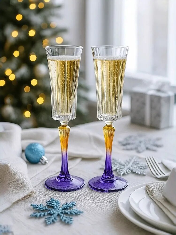 Бокалы для шампанского, подарочный набор, цветная ножка RCR "Gipsy" 2 шт, 210 мл. Хрустальное стекло. Италия