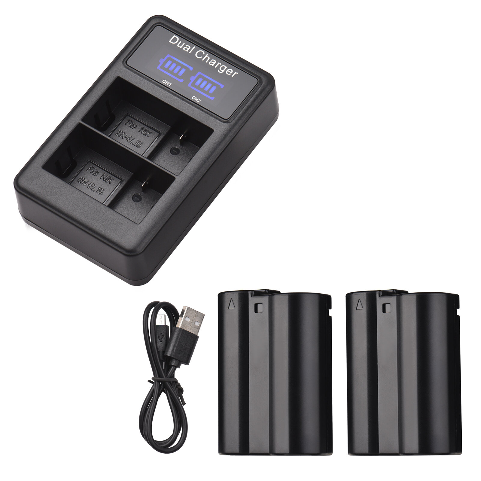 Набор батарей EN-EL15 и зарядного устройства 2 штуки 7.4V 2550mAh + 1 шт LED2-EL15 Двухканальный зарядник для камеры с USB-портом и светодиодным экраном для замены Z6 Z7 1 V1 D500 D600 D610 D750 D780 D800
