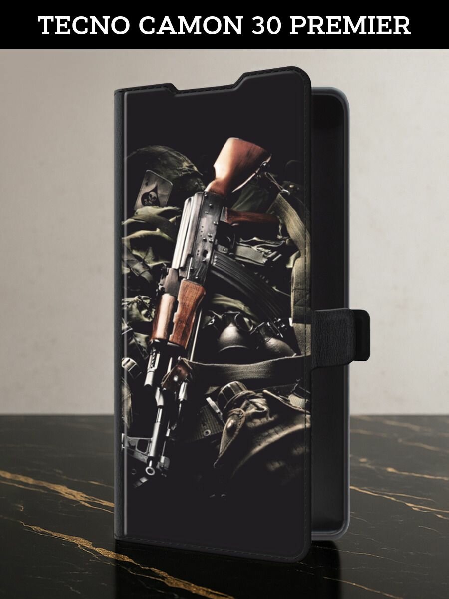 Чехол-книжка на Tecno Camon 30 Premier (Текно Камон 30 Премьер) с картой и принтом "Калашников"