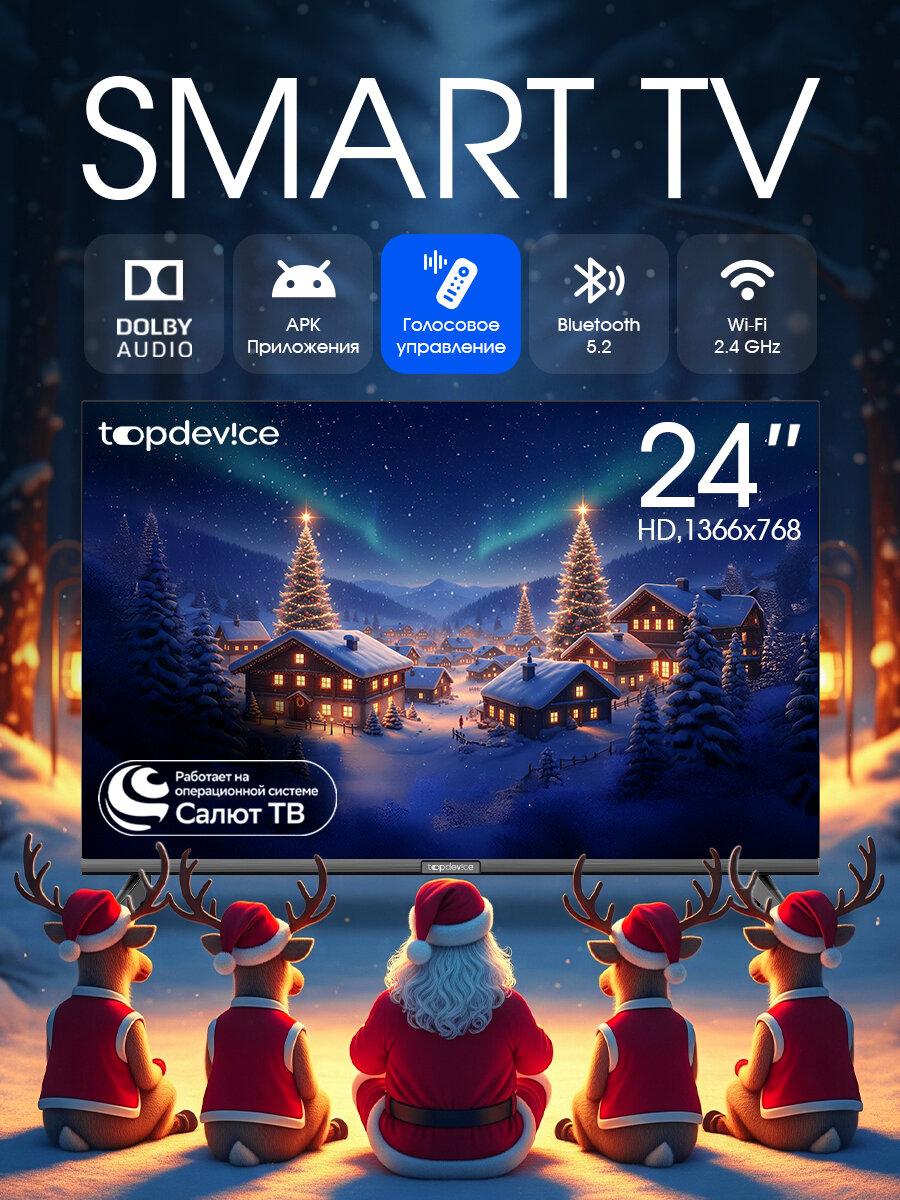 Телевизор с ультратонкими рамками, диагональ 24" (TDTV24CS08H_BK) Салют Smart SBER, HD, VA, 60Гц, черный