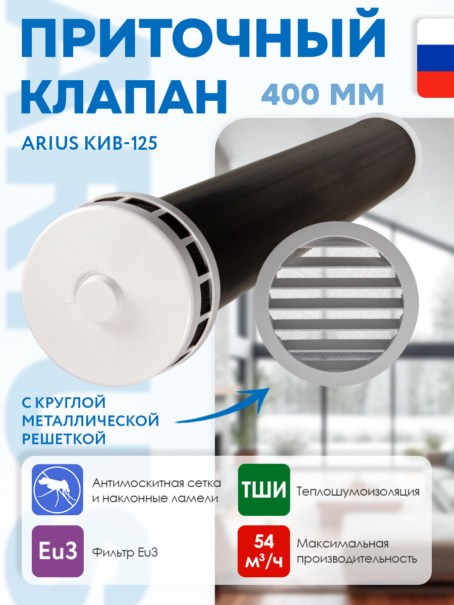 Приточный клапан ARIUS КИВ-125 400 (24001КИВ) с теплошумоизоляцией и круглой наружной металлической решеткой