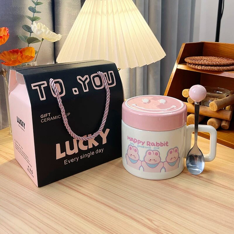 Подарочный набор Lucky с керамической кружкой кролика, крышкой и ложкой, незаменимая для кофе или чая, вместимость 300