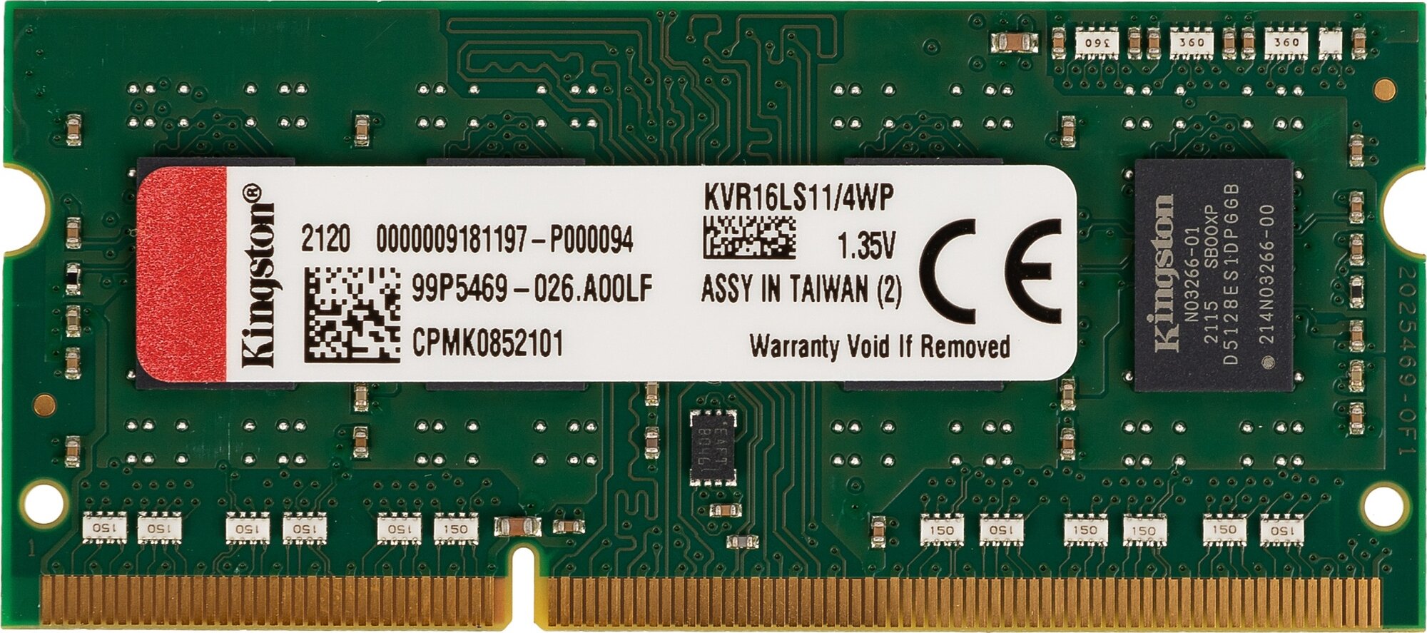 Оперативная память Kingston VALUERAM DDR3L - 4Gb, 1600 МГц, SO-DIMM, CL11 (kvr16ls11/4wp)