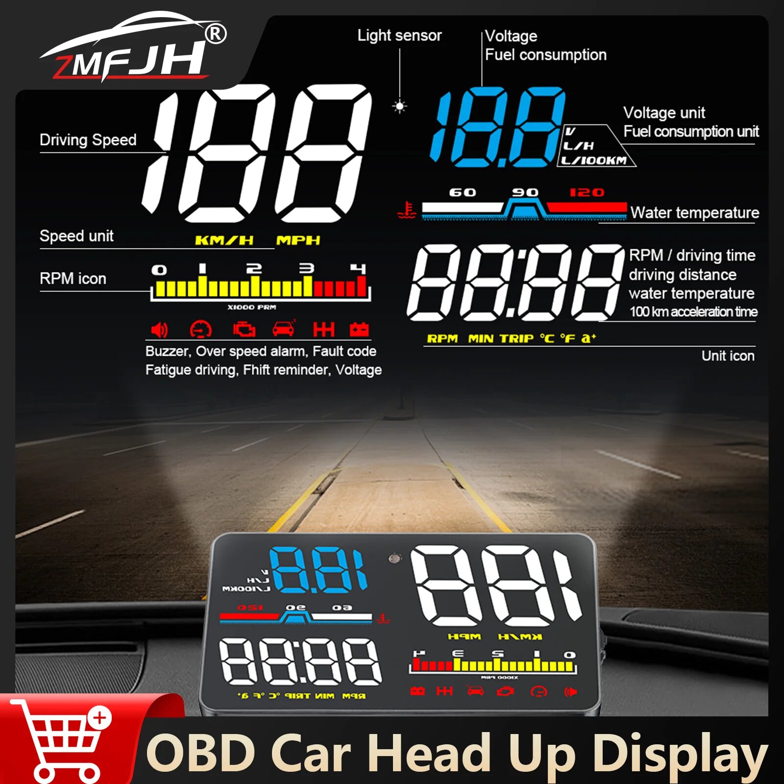 OBD Автомобильный проекционный дисплей для HUD OBD2 Проектор на лобовое стекло с охранной сигнализацией Спидометр Температура воды Напряжение Бортовой компьютер